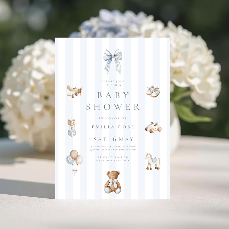 Blue Bear Baby Shower Invitation: Vintage Toys Baby Sprinkle Invite ...
