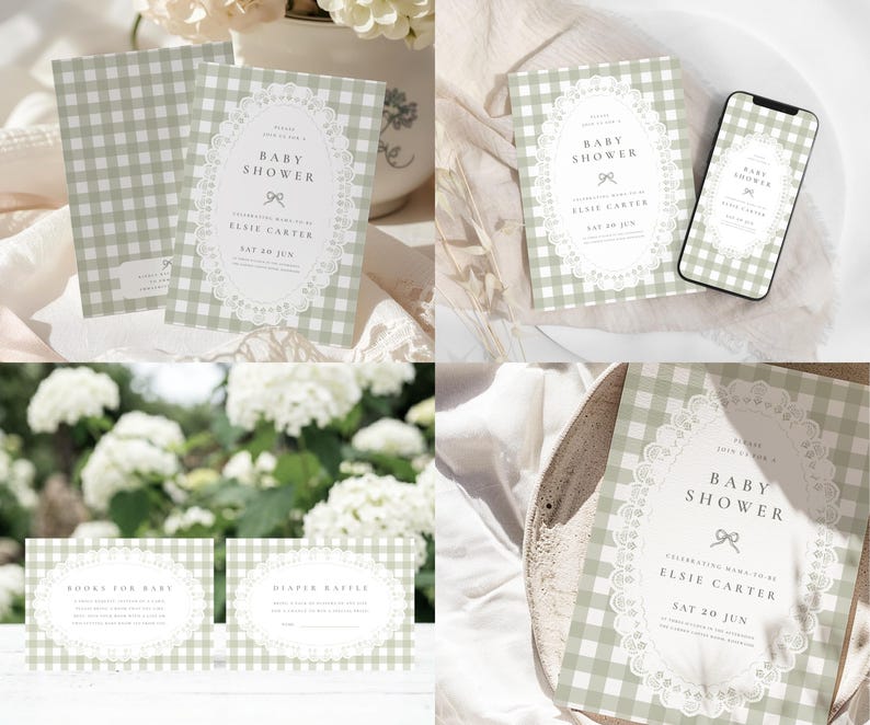Green Gingham Baby Shower Mini Bundle: Vintage Lace Baby Party Set ...