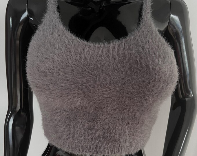 Fuzzy Crop Top by Candy Couture/ Gray Soft Fluffy Tank/ Size XS-S/ Cozy ...