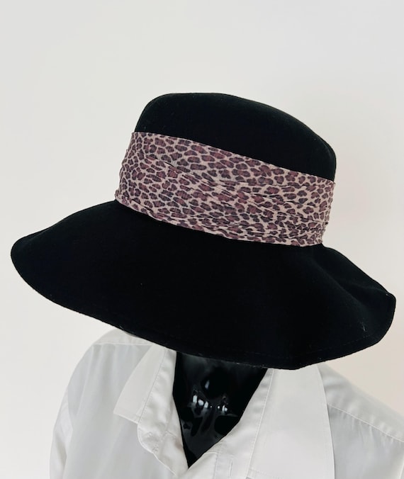 Vintage Italian Wool Wide Brim Hat with Leopard Print… - Gem