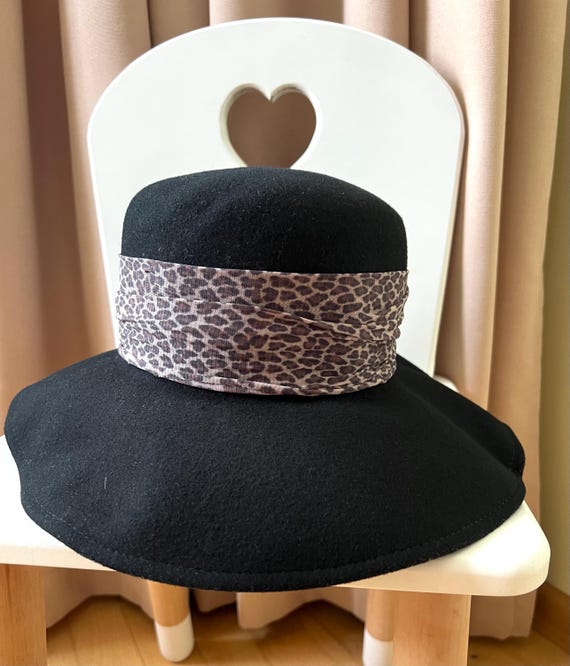 Vintage Italian Wool Wide Brim Hat with Leopard Print… - Gem