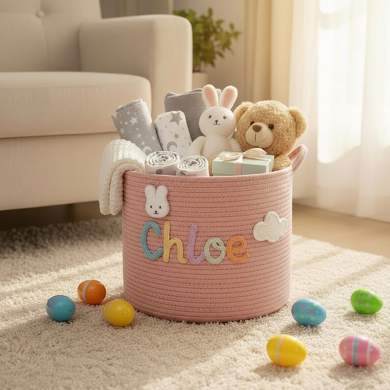 Personalized Kids Storage Basket, Custom Name Toy Basket, Woven Rope ...