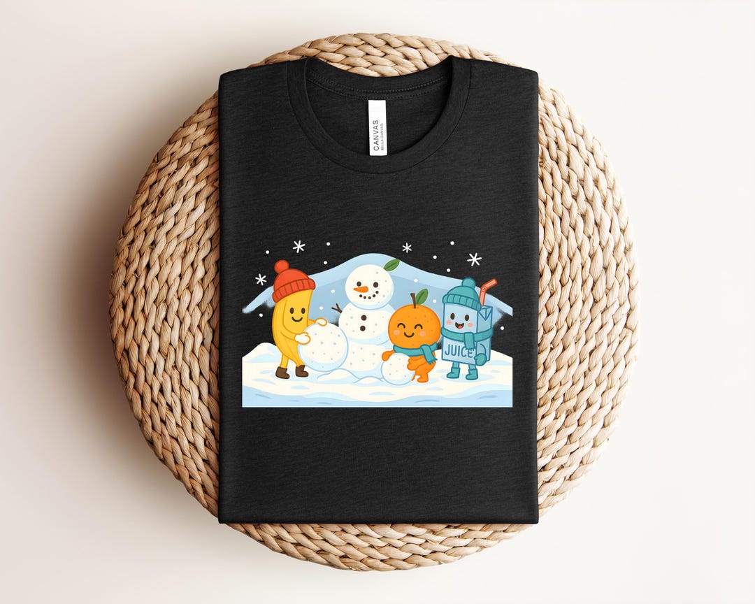 Cute Winter Friends Snowman Tee, Cartoon Orange, Banana, Juice Box ...