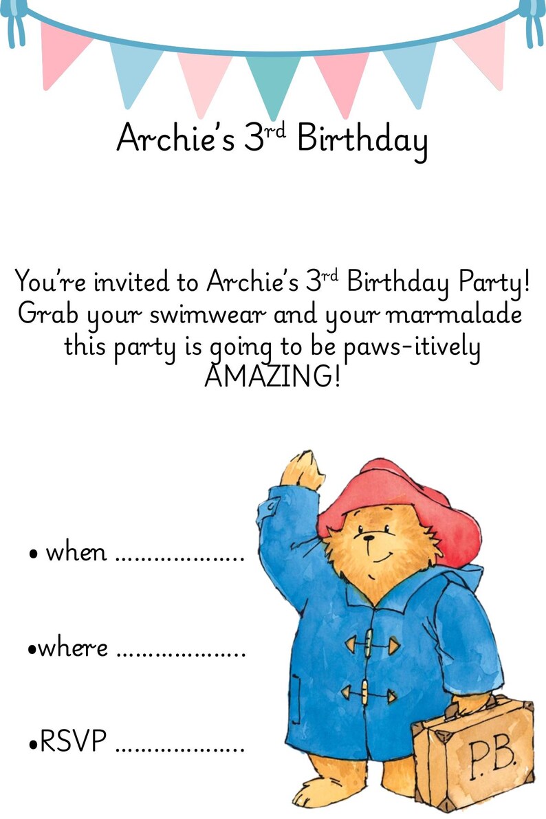 Paddington Bear Themed Birthday Party Invitation. EDITABLE! Send Us a ...