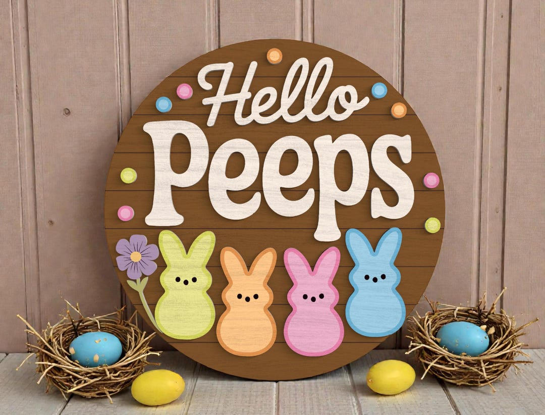 Hello Peeps Round Sign Svg, Layered Bunny Easter Door Hanger Svg, Cute ...