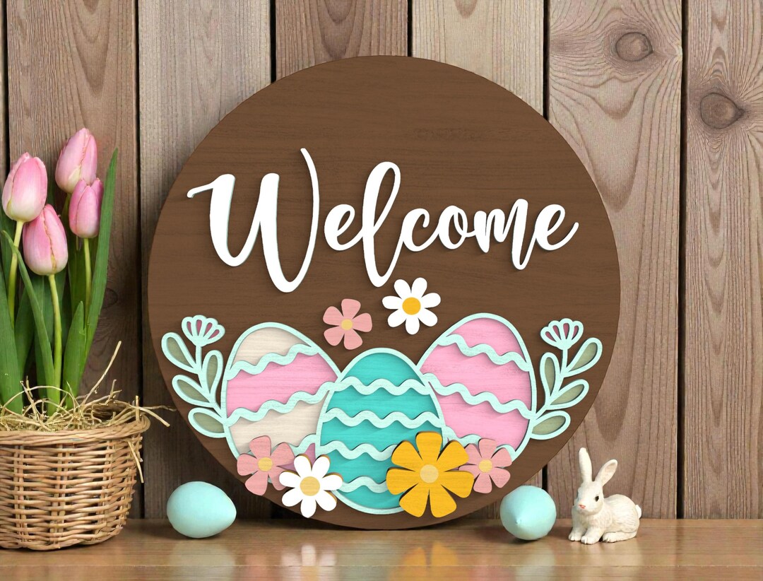 Easter Egg Welcome Sign Laser Cut File SVG, Layered Floral Round Door ...