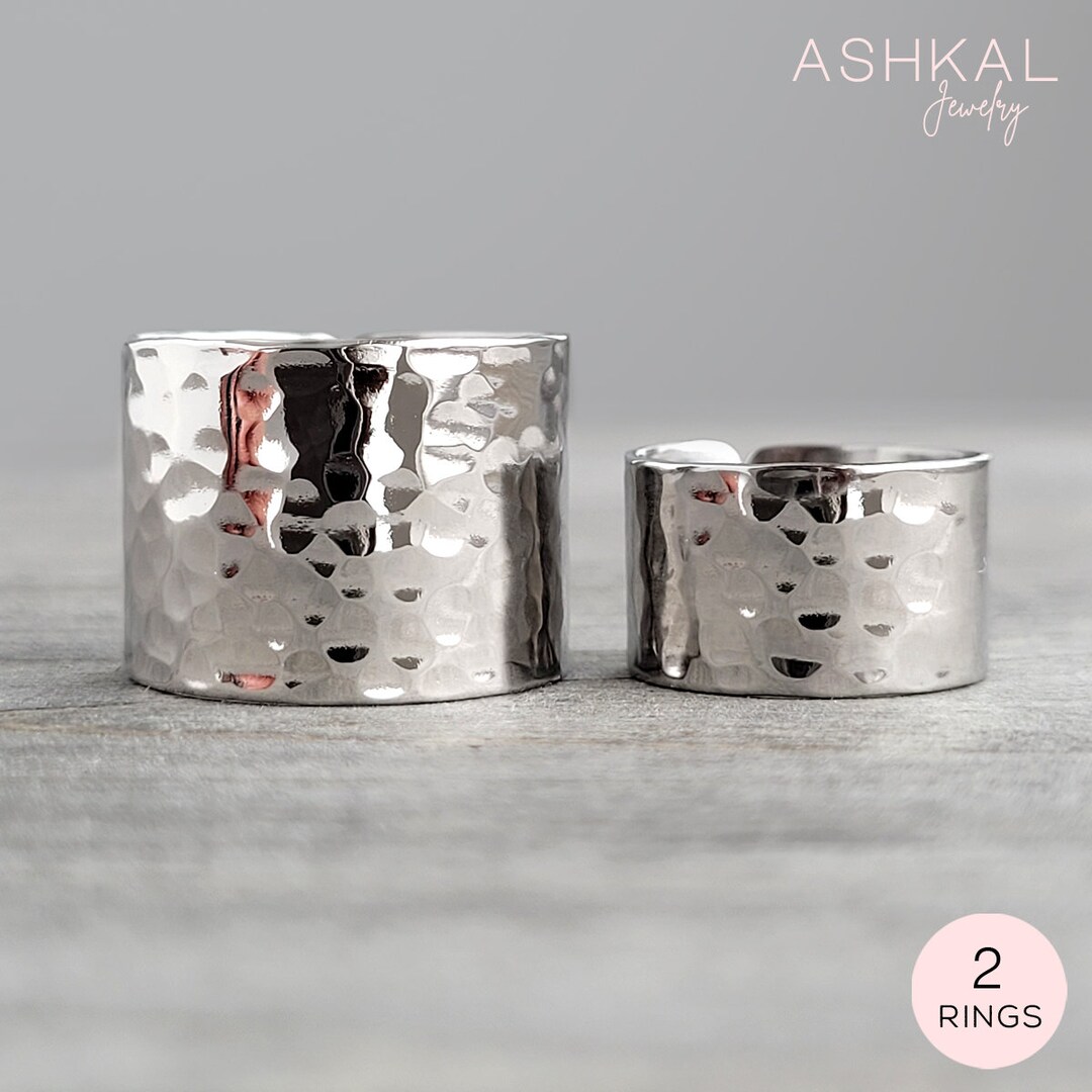 Shiny Hammered Cuff Rings • Wide Hammered Silver Rings • Stainless ...