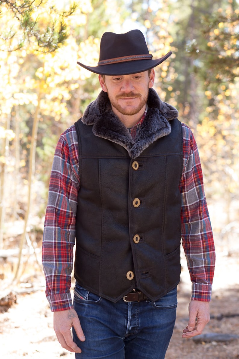 Mens Sheepskin Vest-gambler W/collar - Etsy