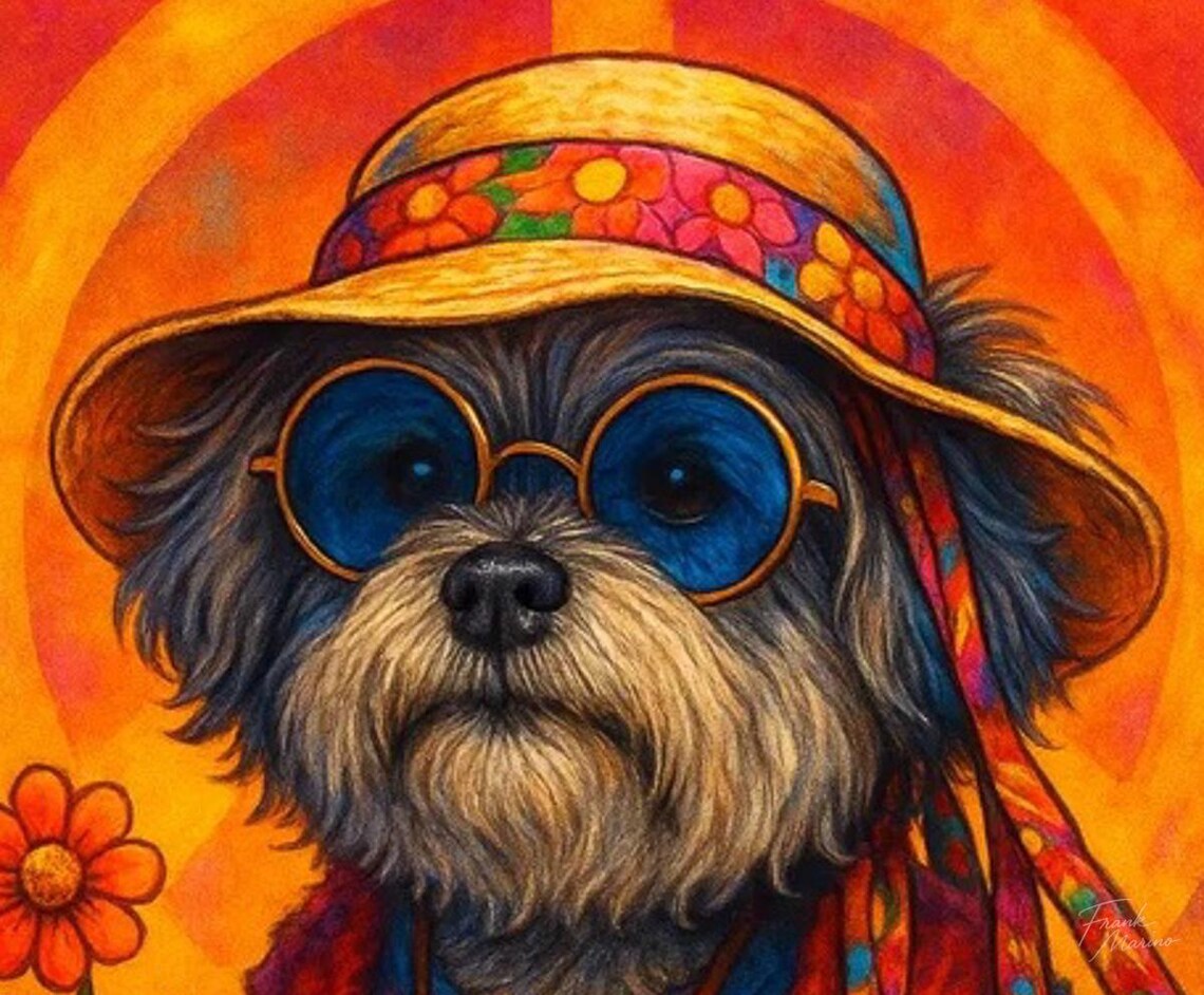 Hippie Dog Portrait - Retro 70s Style Peace and Love Pet Art - Digital ...