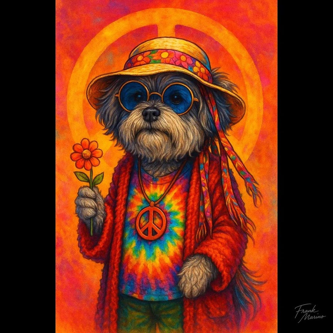 Hippie Dog Portrait - Retro 70s Style Peace and Love Pet Art - Digital ...