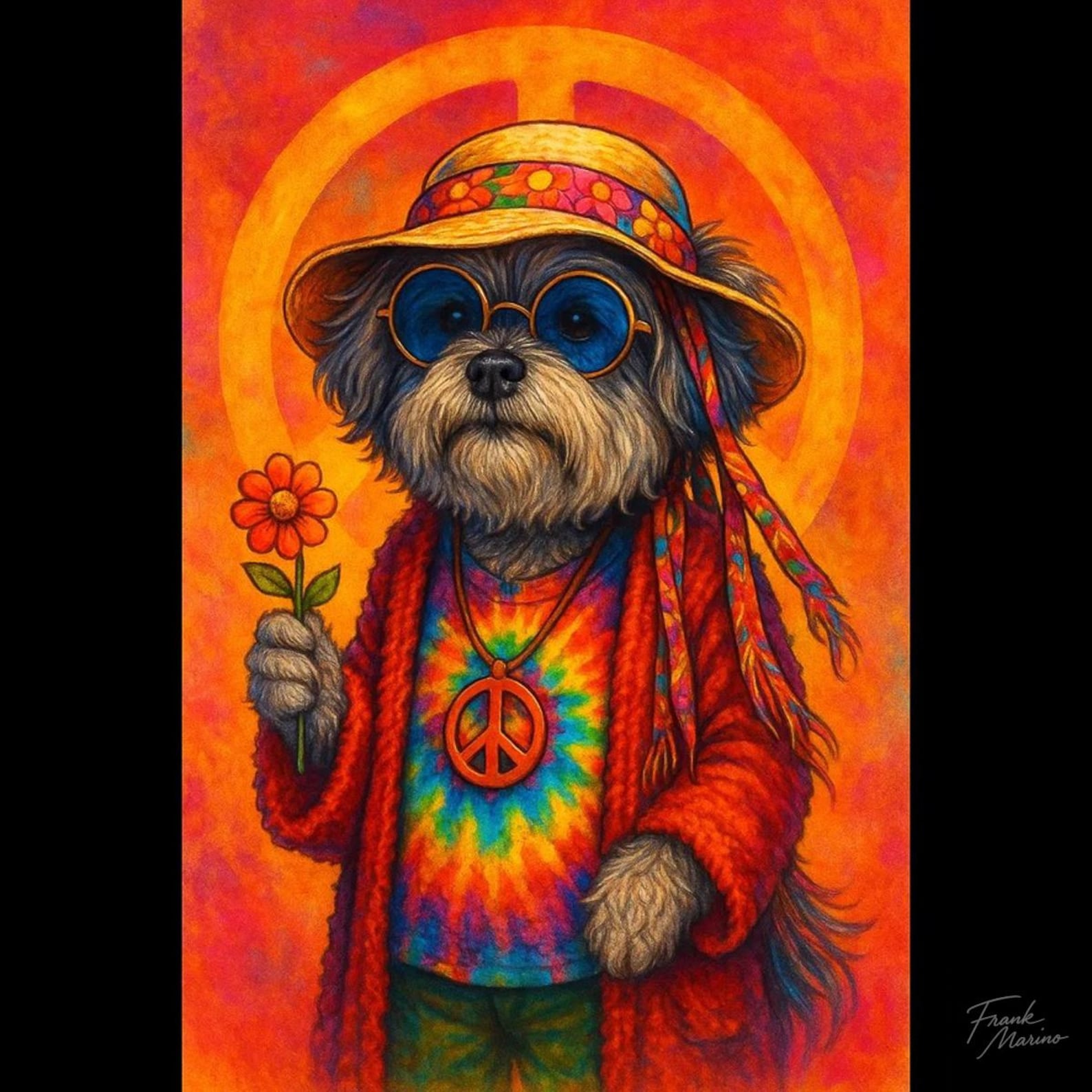 Hippie Dog Portrait - Retro 70s Style Peace and Love Pet Art - Digital ...