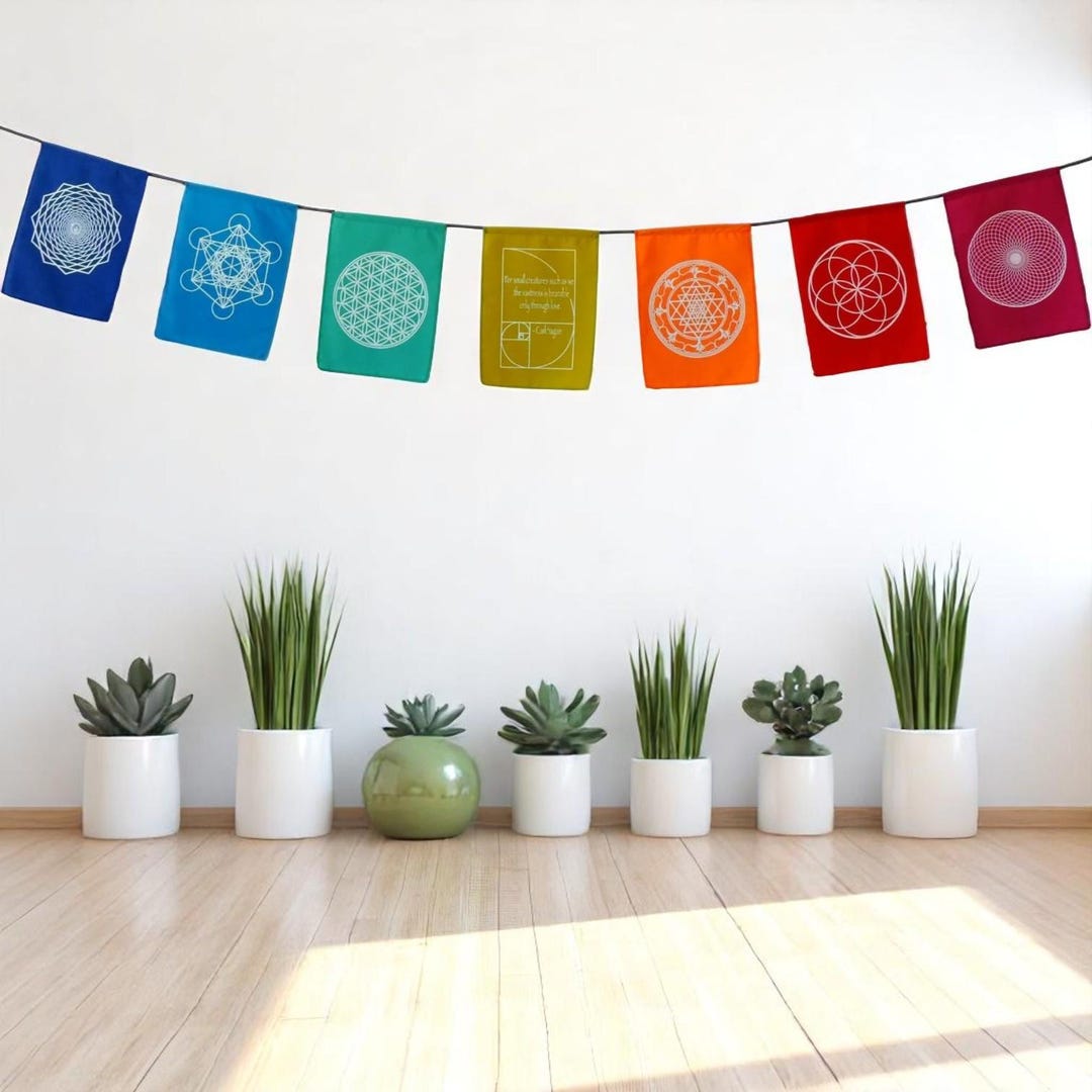 Sacred Geometry Prayer Flags: Rainbow Shri Yantra, Flower of Life (9x12 ...