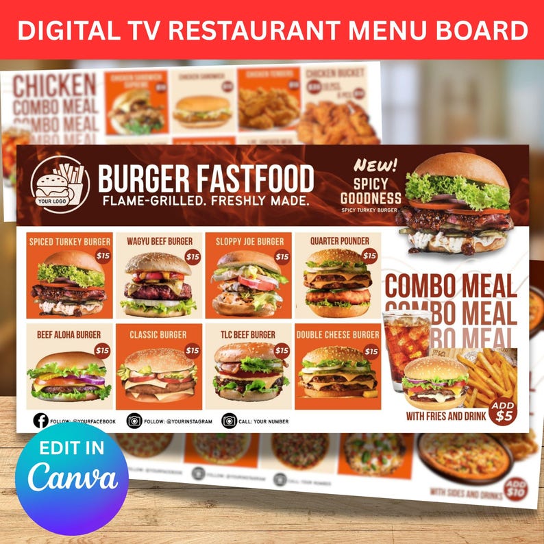 Animated Fastfood TV Menu Board Template, DIY Static Digital Display Board, Customizable Design ...