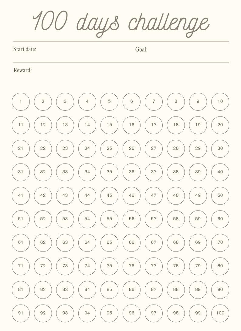 100 Day Challenge Tracker – Printable Goal Sheet | Habit Building & Progress Planner | Minimal ...
