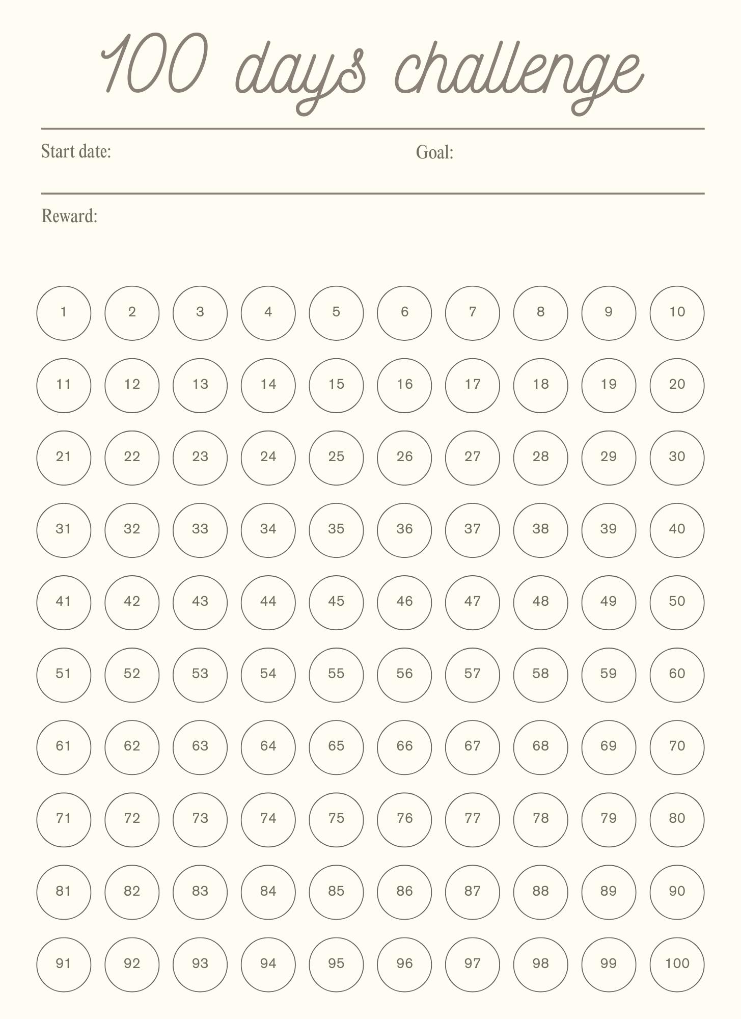 100 Day Challenge Tracker – Printable Goal Sheet | Habit Building ...