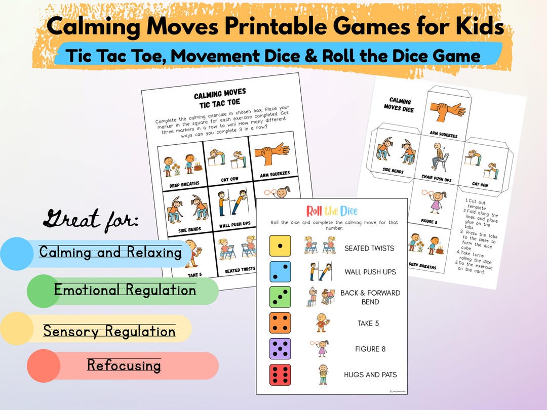 Calming Printable Kid Games: Tic Tac Toe, Movement Dice, Roll the Dice ...
