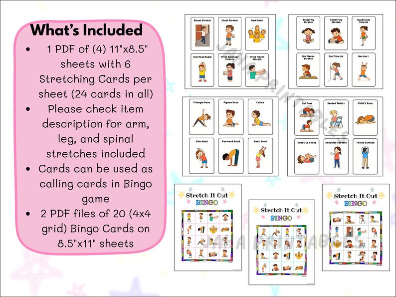 Stretching Exercise Cards for Kids & Bingo Cards Printable Game ...