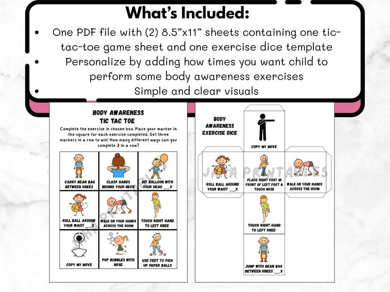 Kids Body Awareness Printable Tic Tac Toe + Exercise Dice Game | Class ...