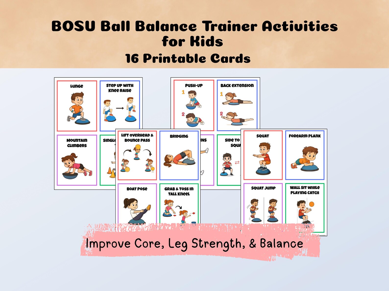 16 BOSU Ball Balance Trainer Printable Exercise Cards for Kids ...