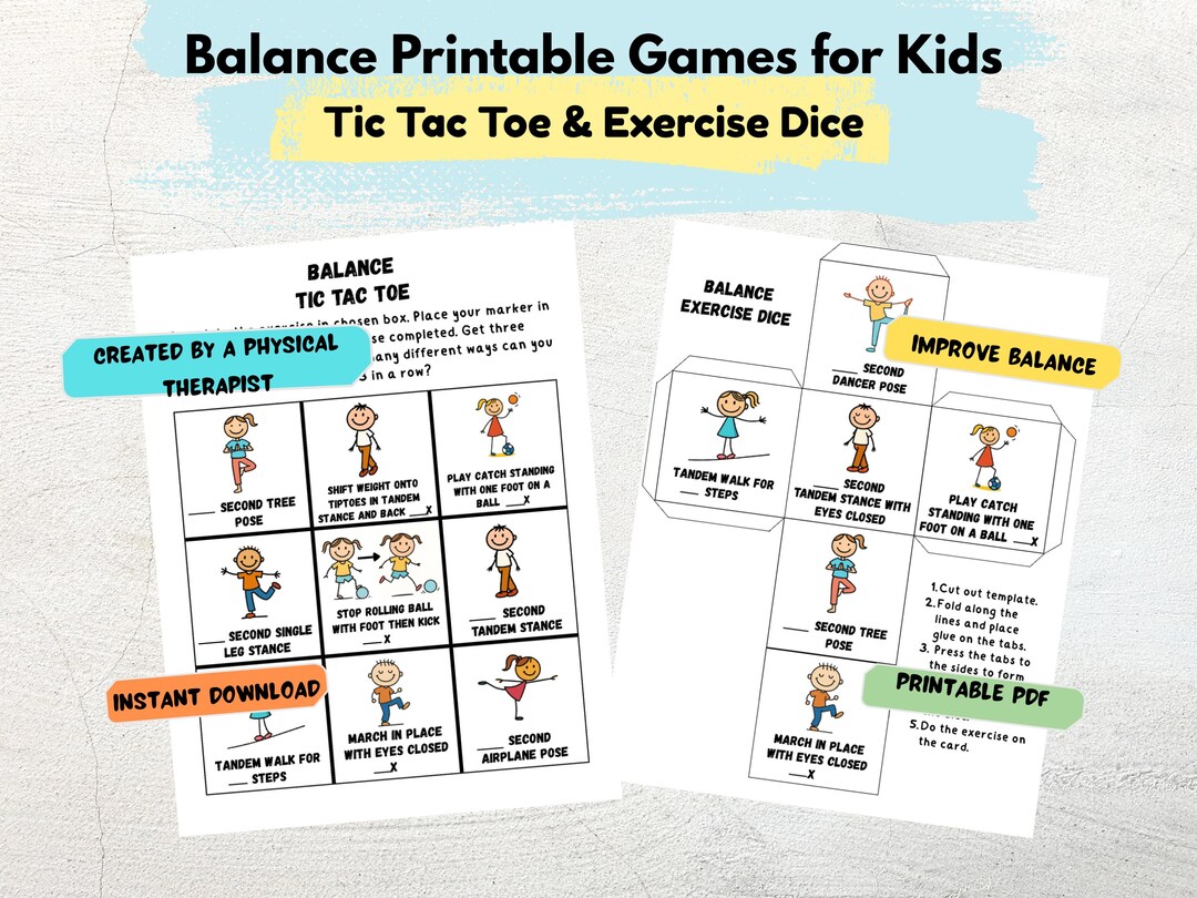 Kids Balance Game Printable Tic Tac Toe + Exercise Dice | Movement ...