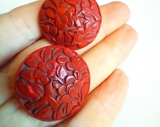 Pair of Antique Red Cinnabar Buttons, 1920s or 1930s, Vintage Chinese ...