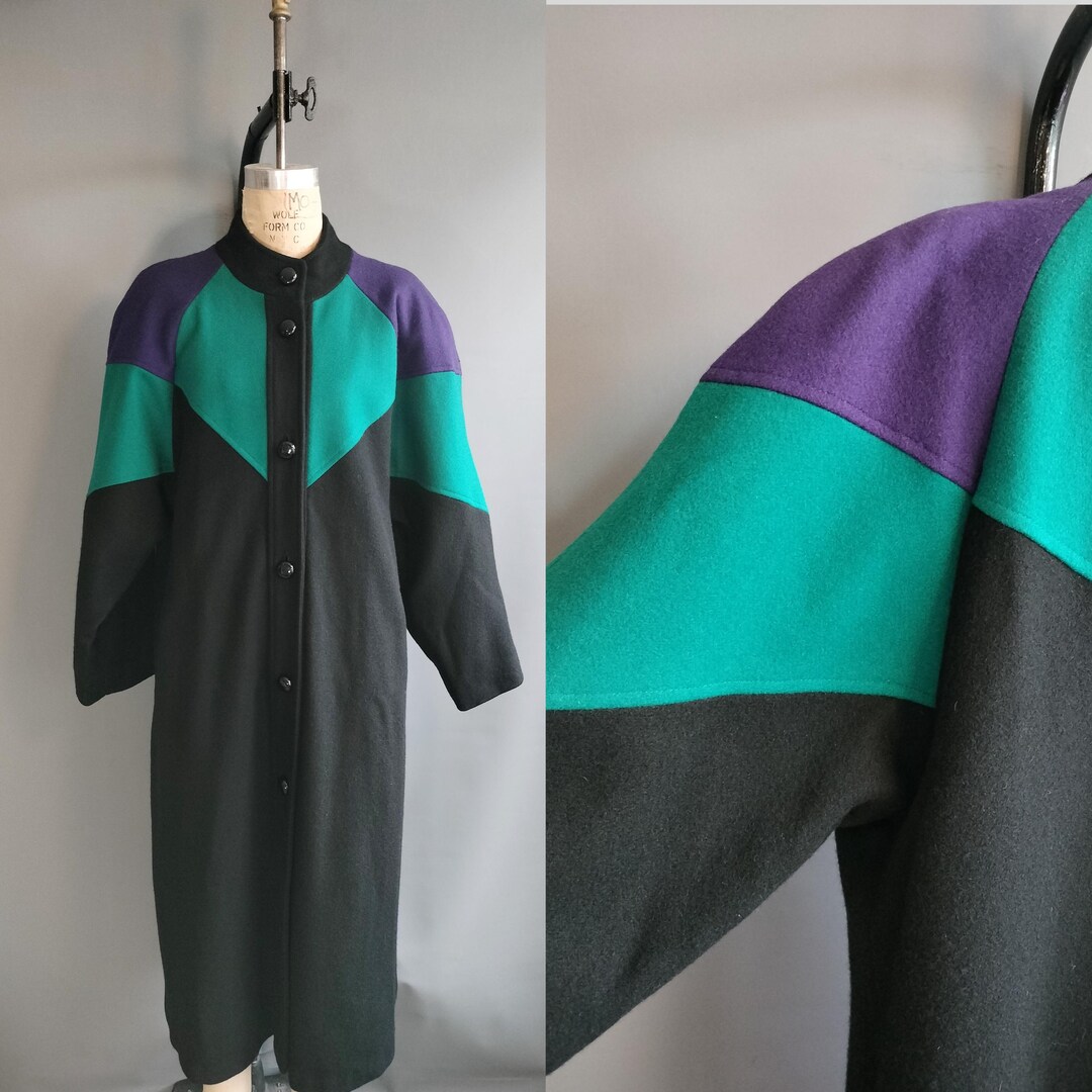 1980s Colorblock Long Wool Coat, Purple Black Teal, 80s Vintage Komitor ...