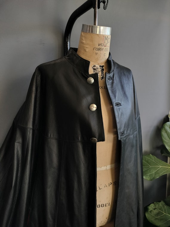 1960s long huge black leather cape, 60s wide sweep dr… - Gem