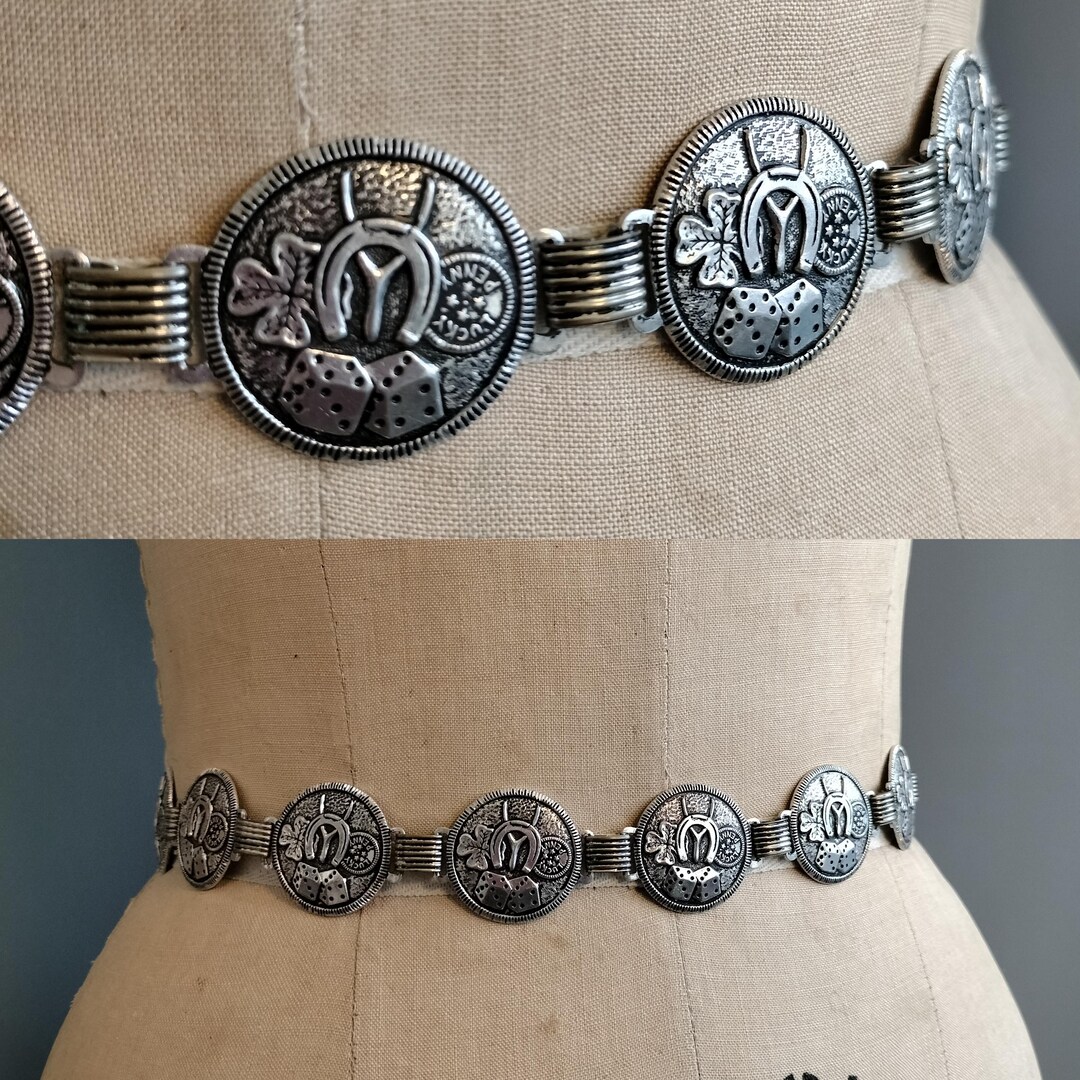 M-l 1950s Good Luck Symbols Embossed Aluminum Belt, Medallion Links ...