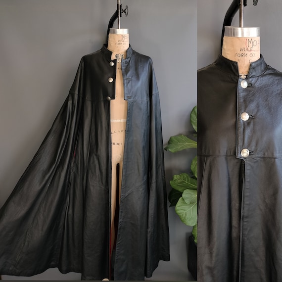 1960s long huge black leather cape, 60s wide sweep dr… - Gem