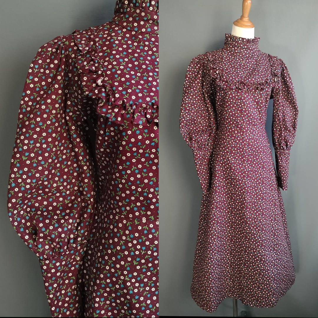 1970s Calico Floral Cottagecore Dress, 70s Cotton Duck Fabric, Leg of ...