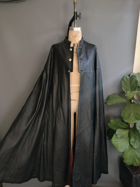 1960s long huge black leather cape, 60s wide sweep dr… - Gem