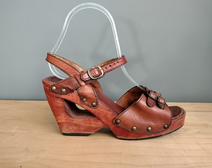 Size 7M - 1970s Wooden Platform Clogs, Brown Saddle Leather and Wood ...