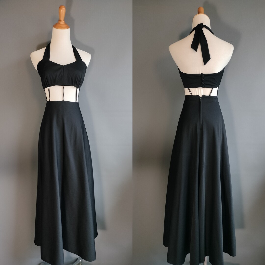 1970s Cage Cutout Gown, Black Halter Open Midriff Dress, Peekaboo Waist ...