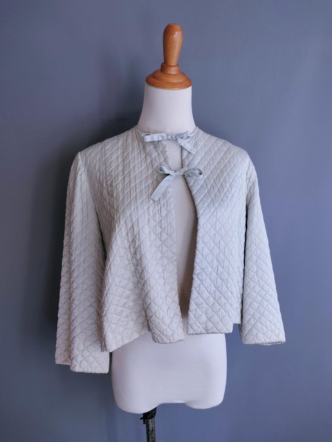 1940s Blue Soft Rayon Satin Quilted Bed Jacket, Barbizon Puffett, Bows ...