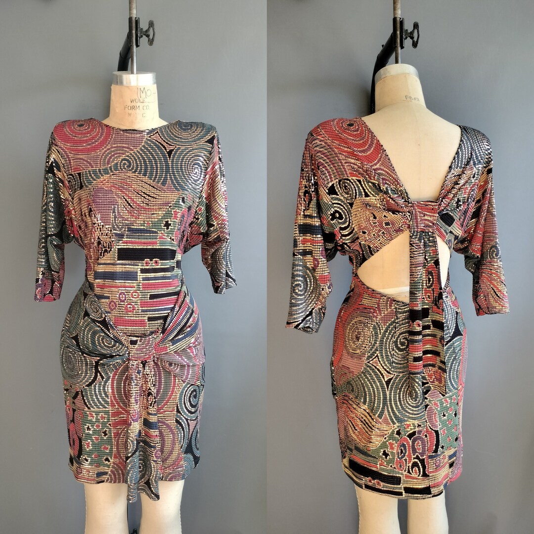 1980s Cutout Metallic Knit Abstract Print Dress, Janine Made in Italy ...