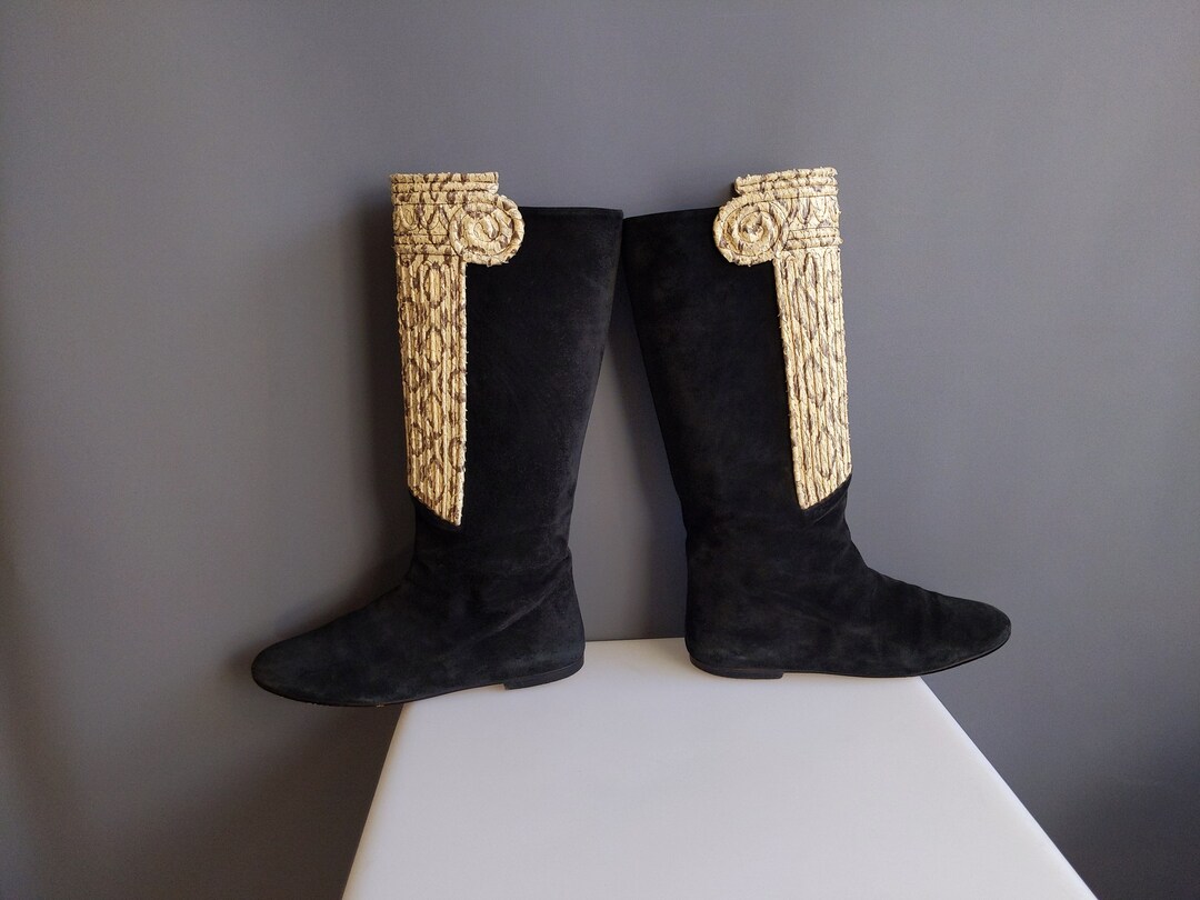 1980s Greek Column Boots, Ionic Column Snakeskin Applique on Suede ...