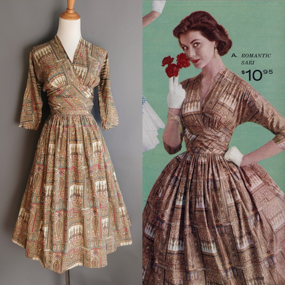 1950s Lana Lobell Dress, Vintage 50s Silk Cotton Taffeta Novelty Print ...