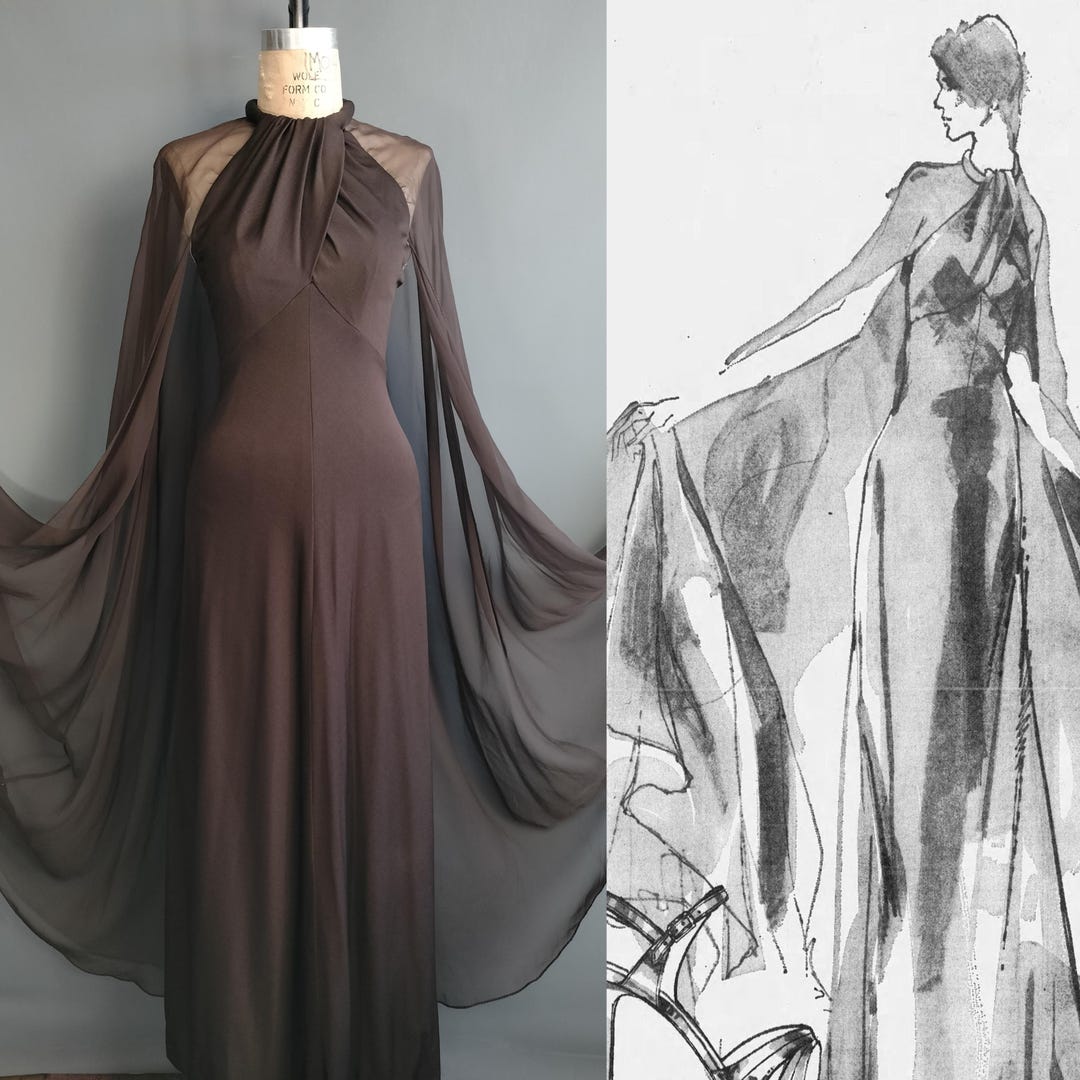 1976 Miss Elliette Dress, Floor Length Caped Gown, Chocolate Brown ...