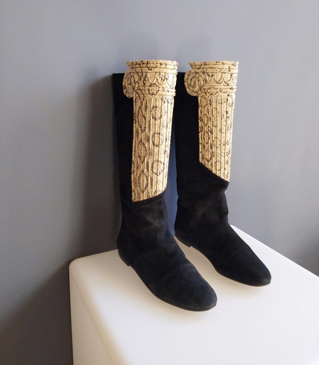 1980s Surrealist Greek Column Boots, Ionic Snakeskin Applique Suede ...