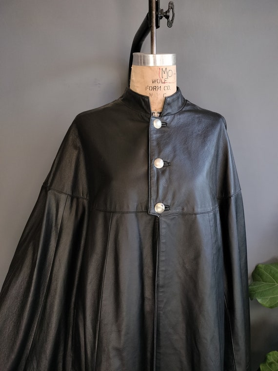 1960s long huge black leather cape, 60s wide sweep dr… - Gem