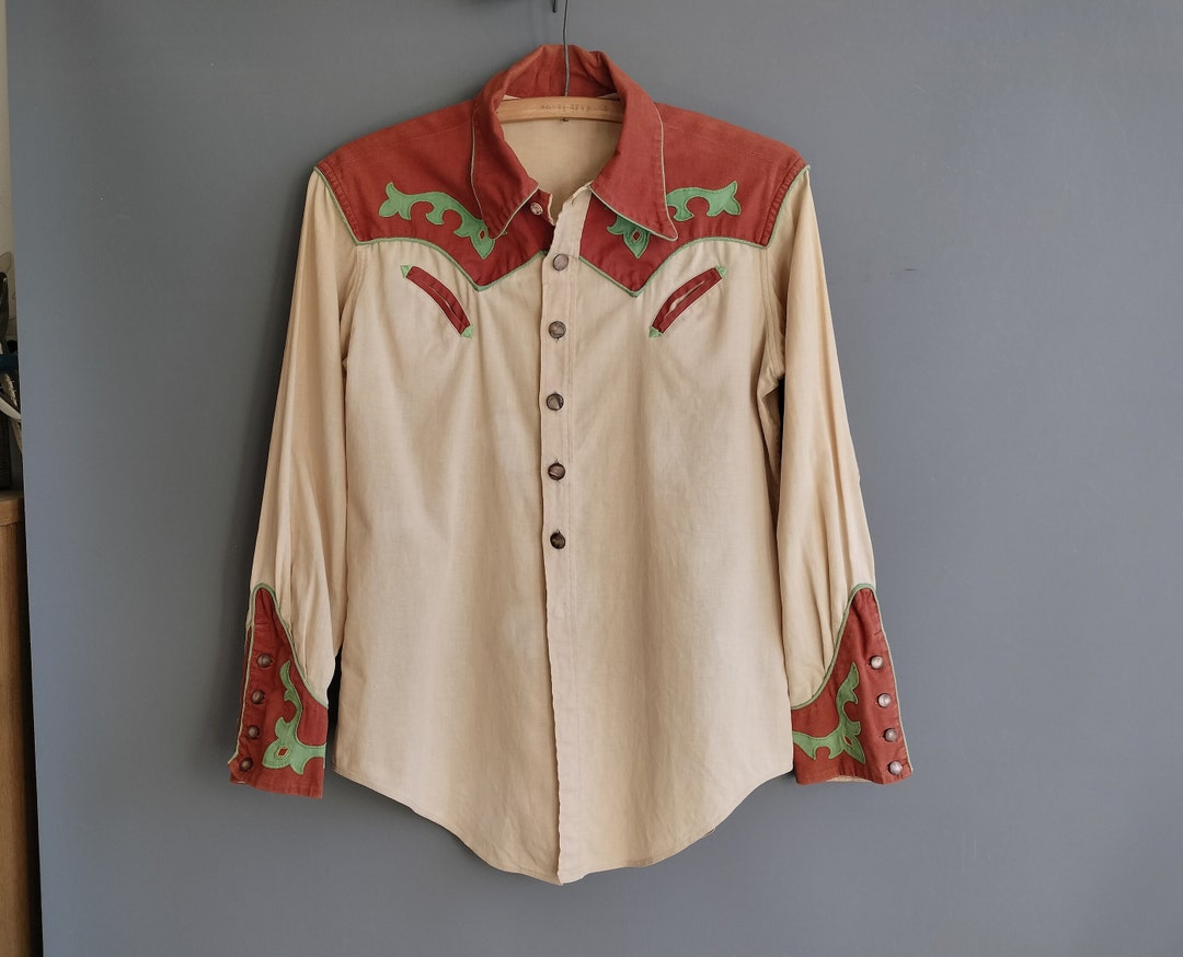 1940s Western Shirt, Linen Cowboy Chainstitch, Green and Terracotta ...