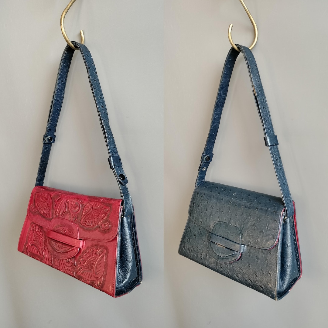 1950s Convertible Hand-tooled Leather Purse, Reversible Navy Blue ...