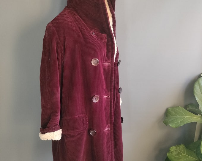 1950s Hooded Corduroy Stadium Coat, Wide Wale, Burgundy Red Parka With ...