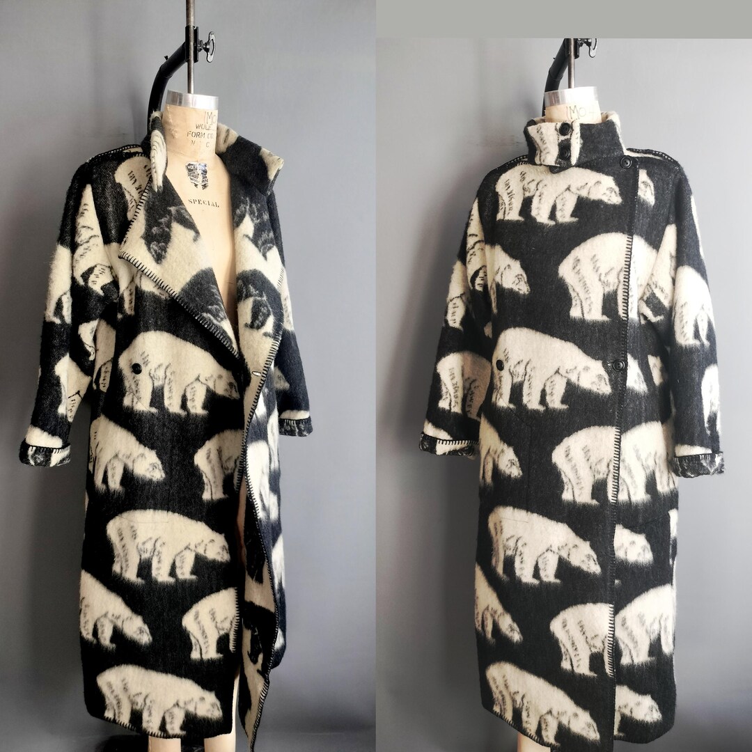 1970s Wool Polar Bear Pattern Blanket Coat, Lillunn Norway, Fabric ...