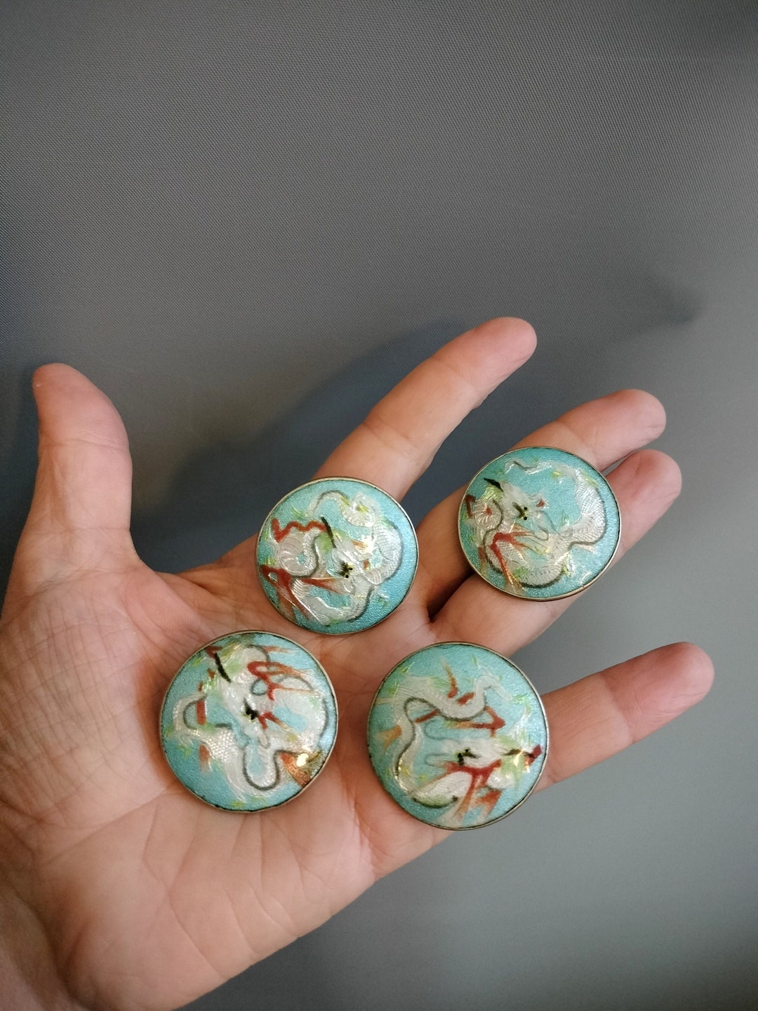 1900s Japanese Meiji-era Gin-bari Enameled Buttons, Japan Dragon ...