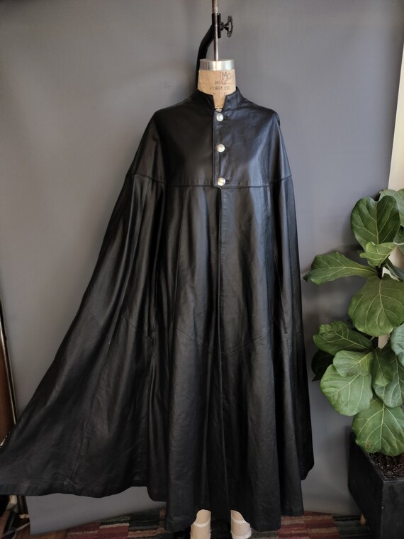 1960s long huge black leather cape, 60s wide sweep dr… - Gem