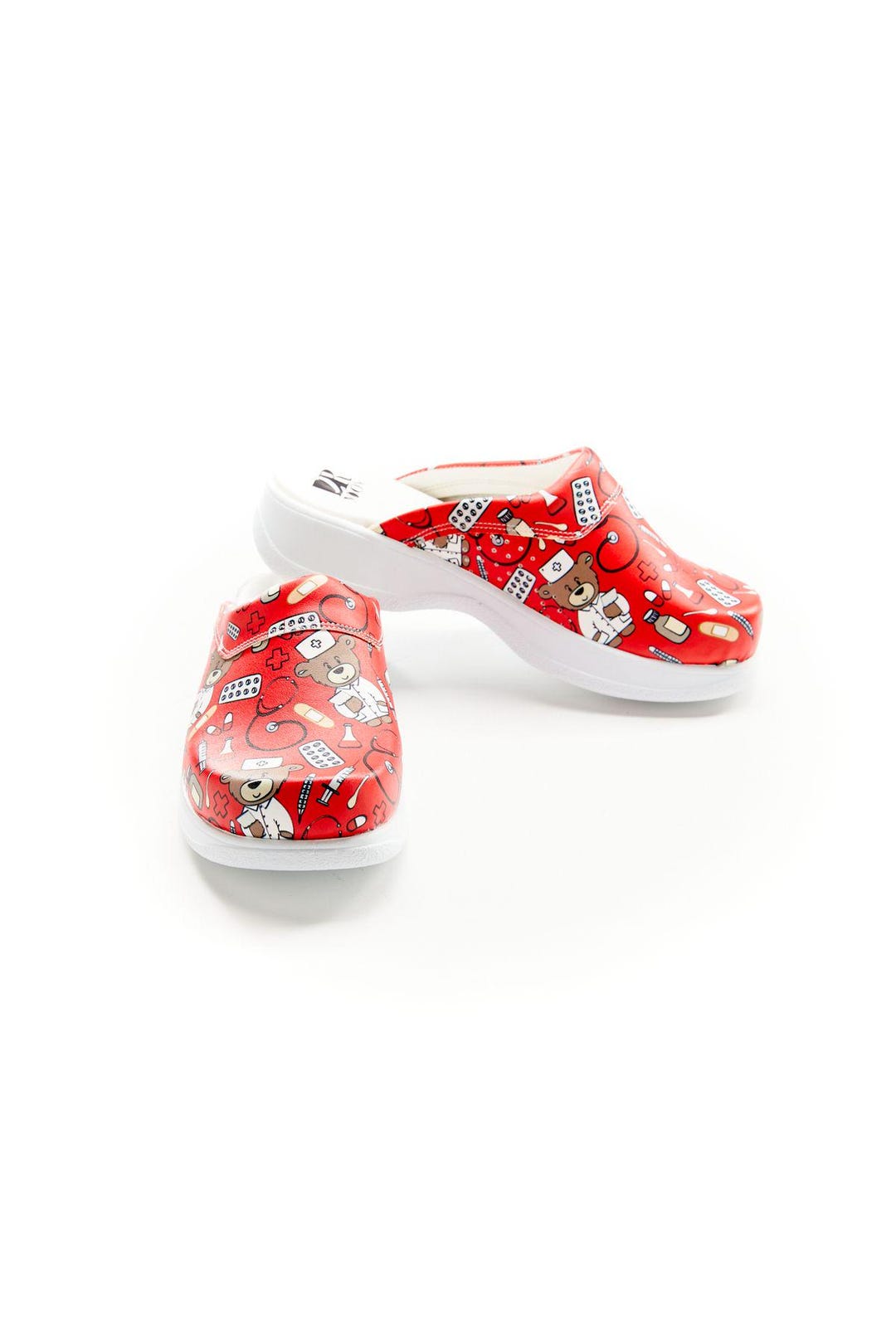 Red Orthopedic Leather Nurse Clogs With Teddy Bear Print – Cute Medical ...