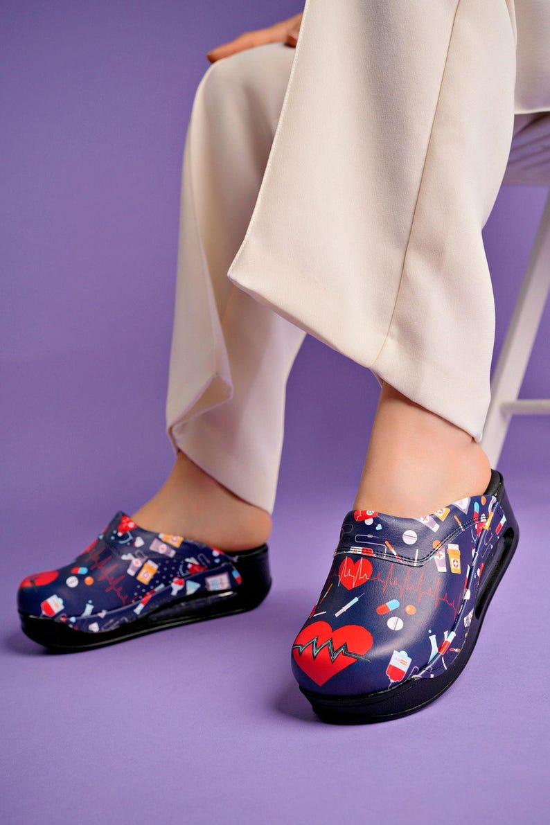 Navy Air Clogs With Red Heartbeat Print – Orthopaedic Leather Slip ...