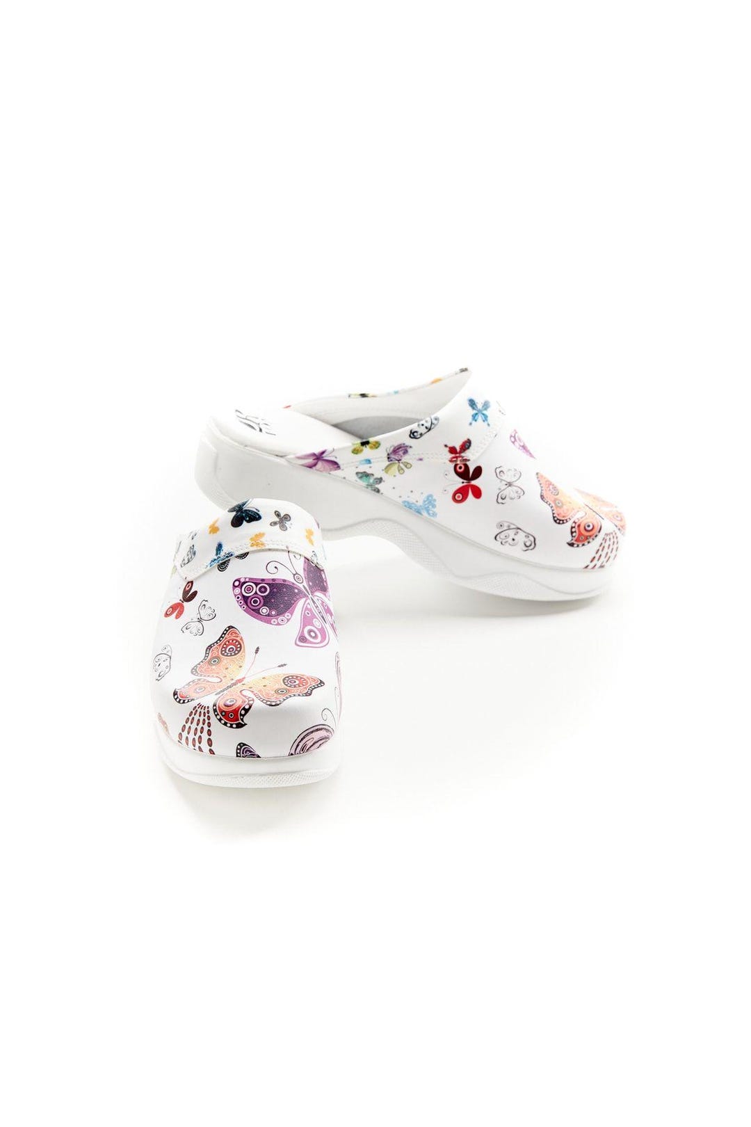 White Wedge Heel Medical Clogs With Colorful Butterfly Print ...