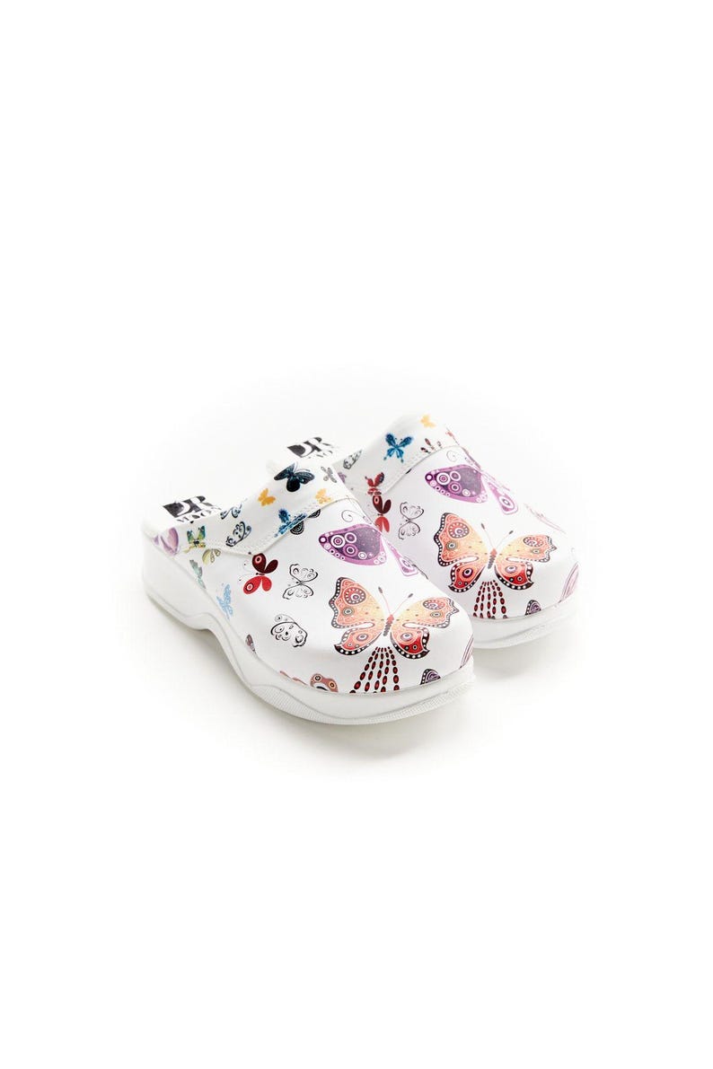 White Wedge Heel Medical Clogs With Colorful Butterfly Print ...
